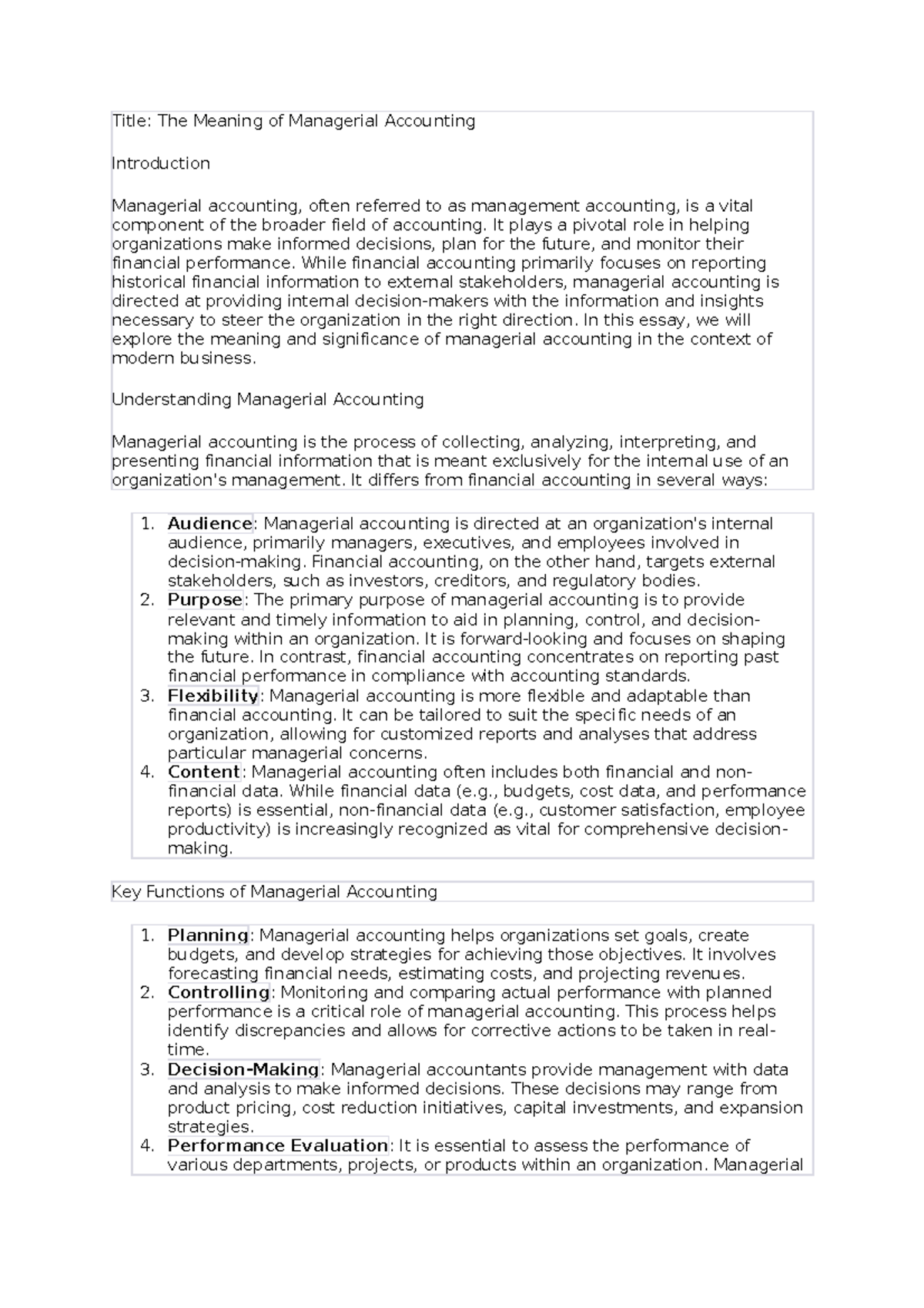 Managerial Accounting overall summary - Title: The Meaning of ...