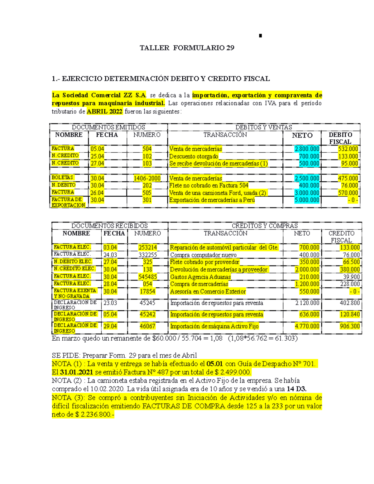Ejercicios propuestos IVA - TALLER FORMULARIO 29 1.- EJERCICIO DETERMINACIÓN DEBITO Y CREDITO ...