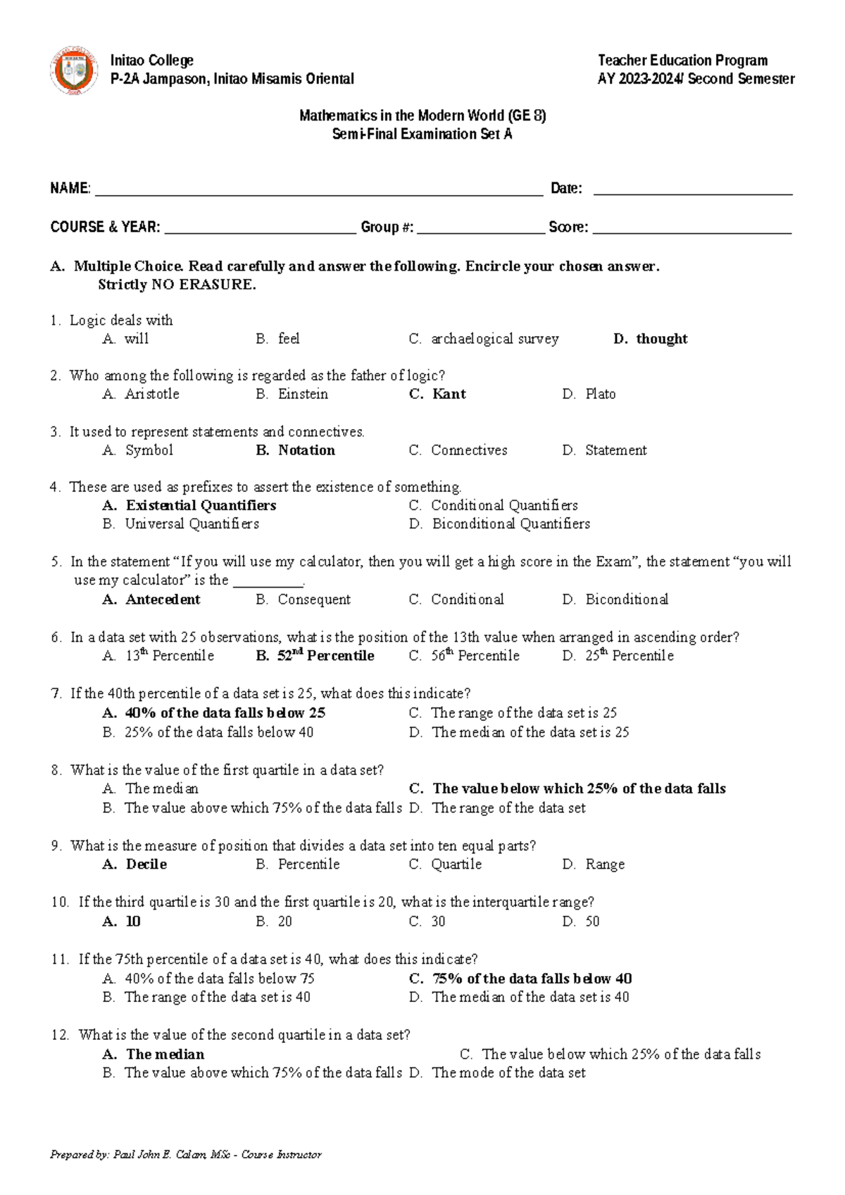 Semi-Final Exam SET A - Final Exam - Initao College Teacher Education ...