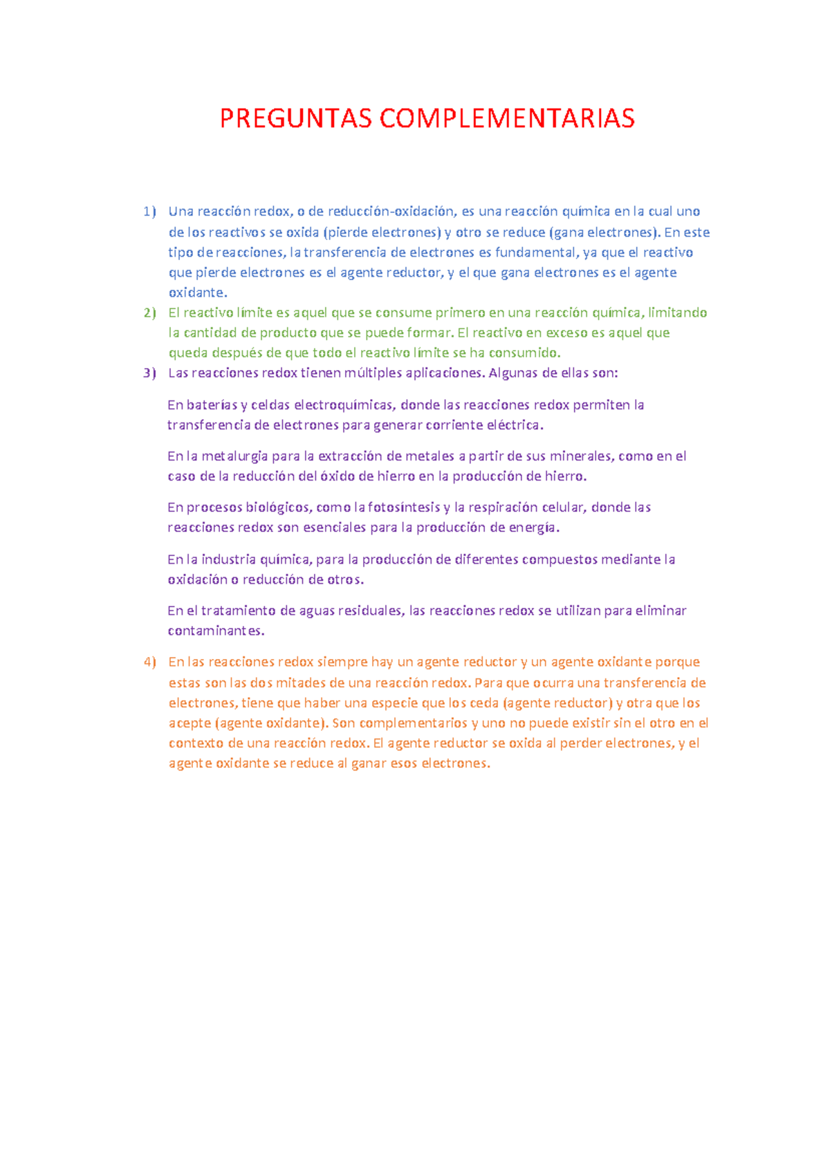 LABORATORIO CALIFICADO 1 - PREGUNTAS COMPLEMENTARIAS Una reacción redox, o de reducción ...