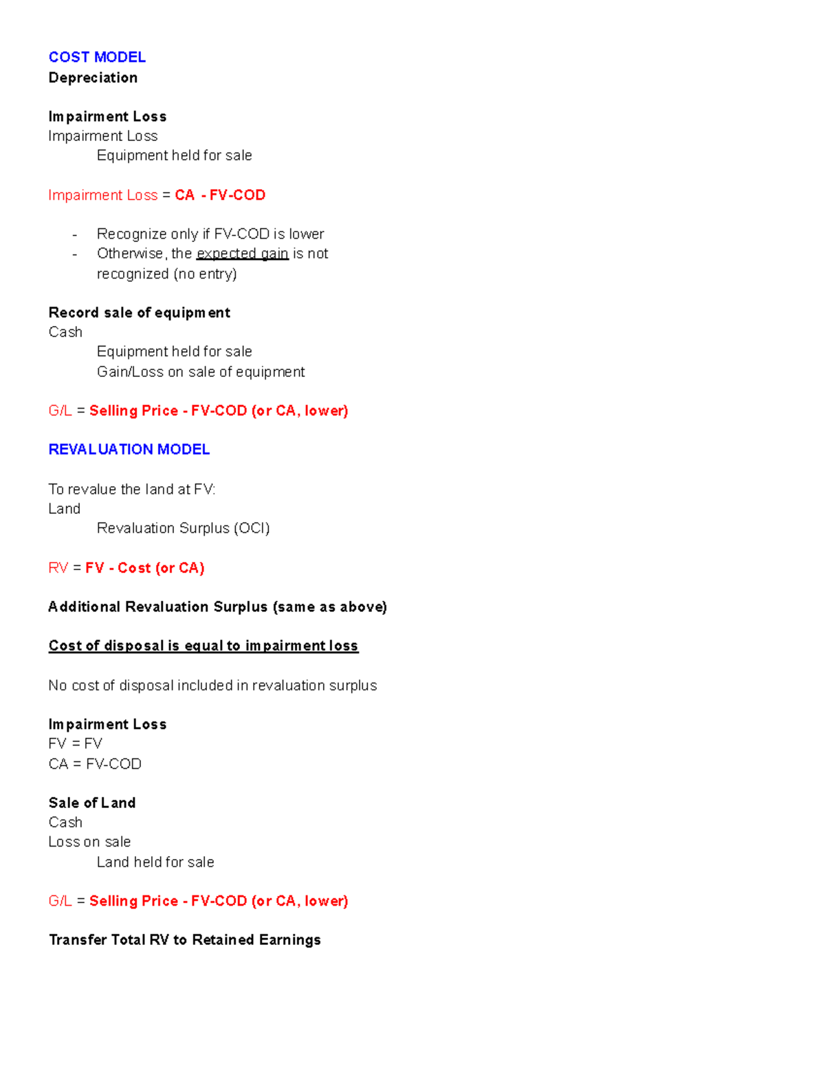 Cost and Revaluation Model - COST MODEL Depreciation Impairment Loss ...
