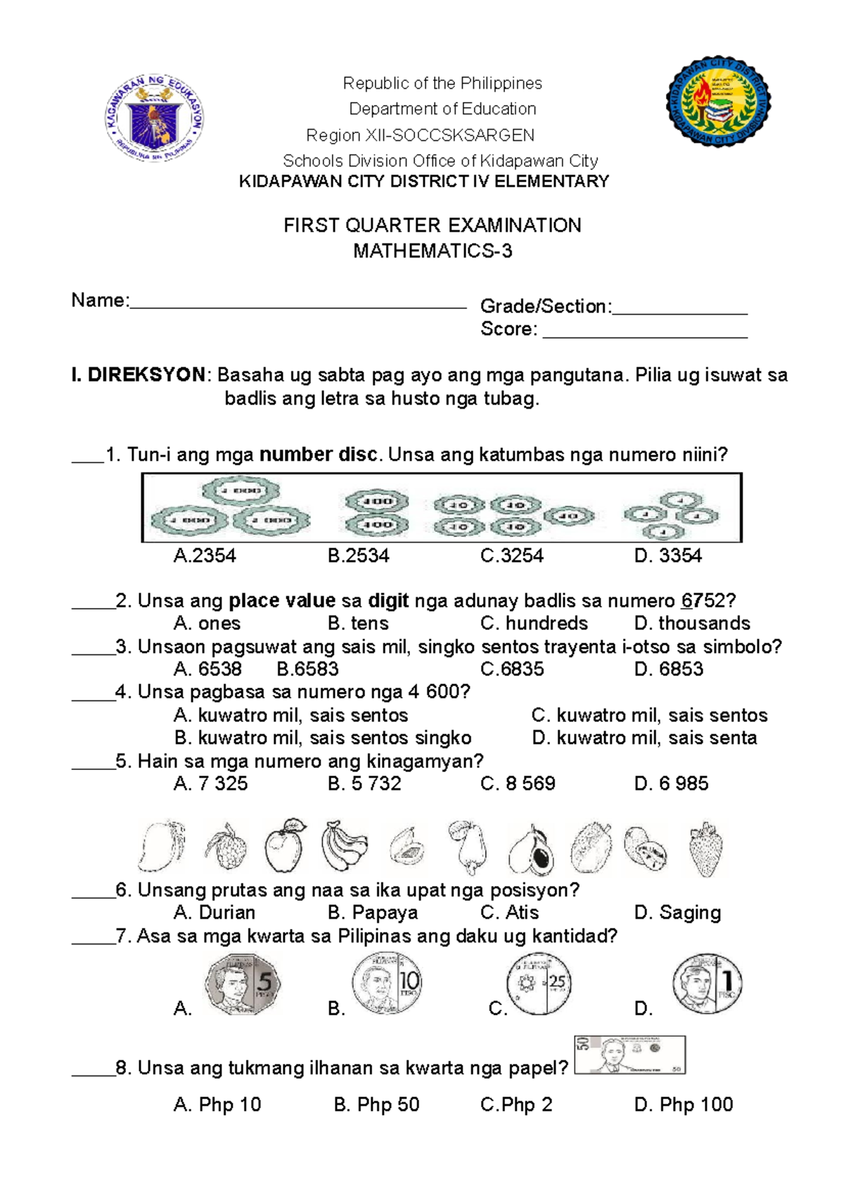 Grade 3 MATH Quarter 1 - asdasdasd - Republic of the Philippines ...