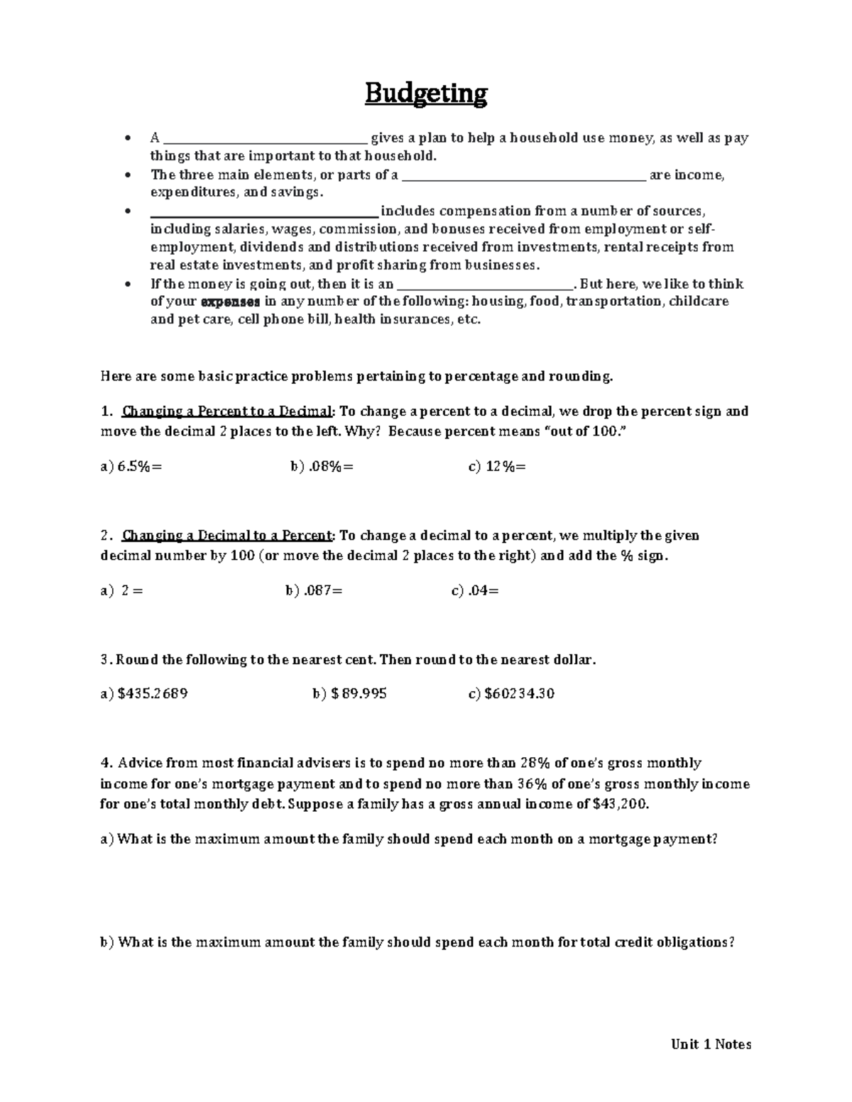 Math 105 Unit 1 Notes - Budgeting A ...