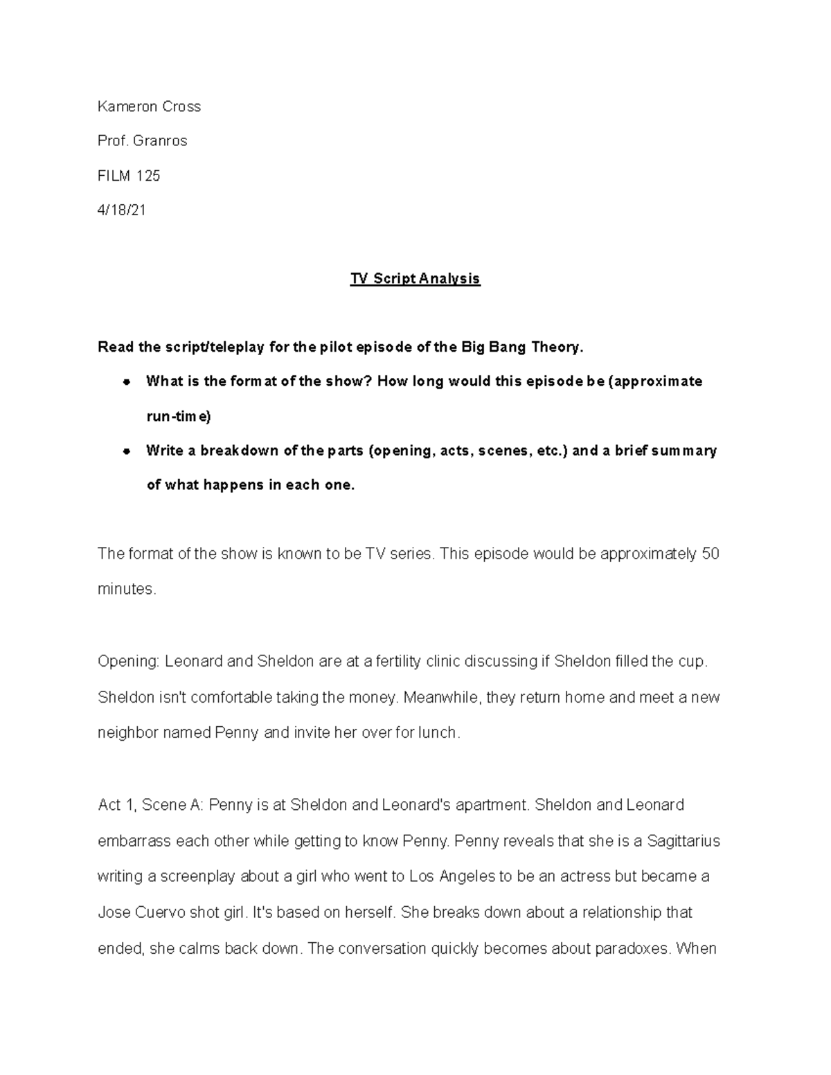 TV Script Analysis - Kameron Cross Prof. Granros FILM 125 4/18/ TV ...