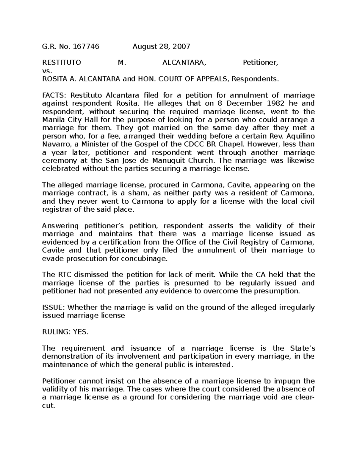 1 - Case Digest - G. No. 167746 August 28, 2007 RESTITUTO M. ALCANTARA ...