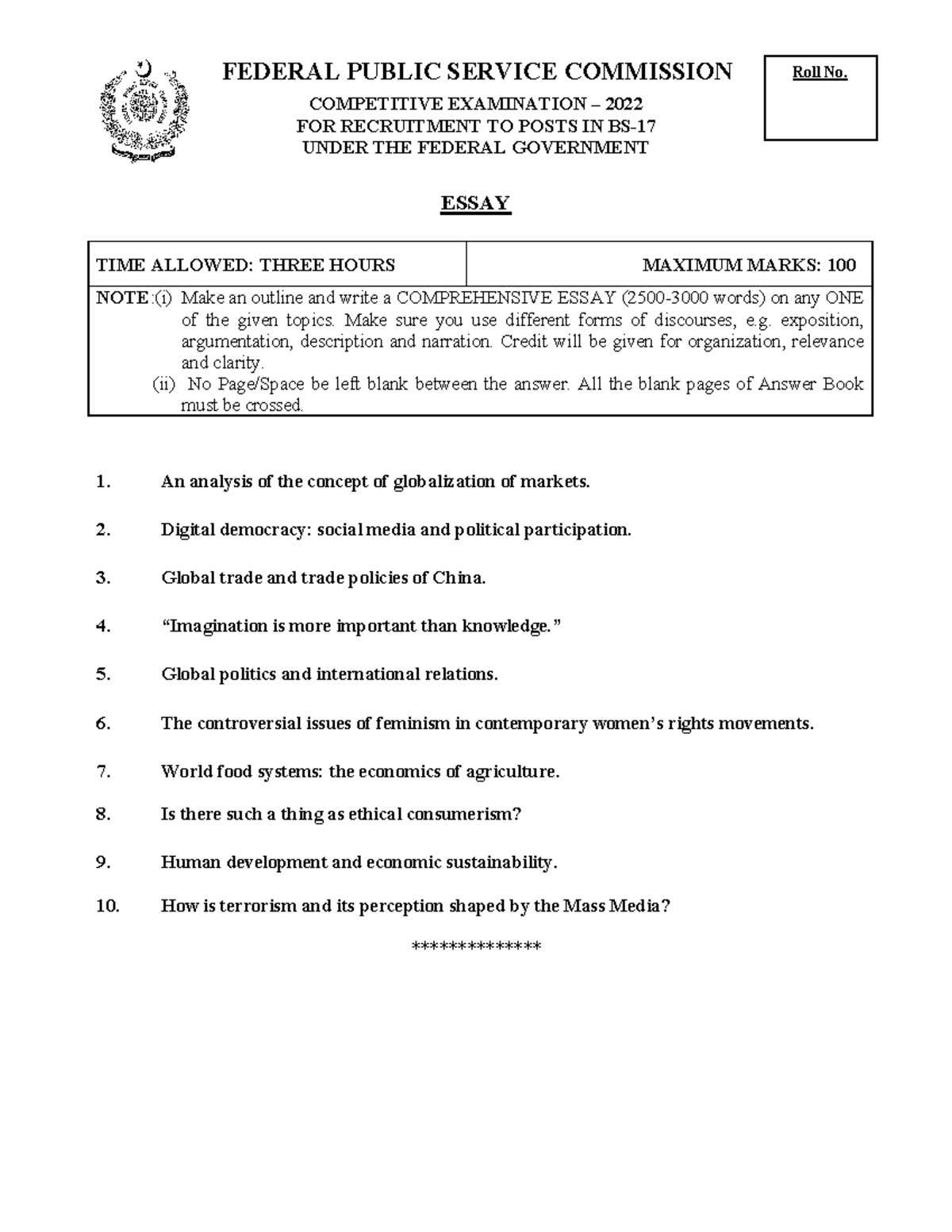 Essay-22 - FEDERAL PUBLIC SERVICE COMMISSION TIME ALLOWED: THREE HOURS MAXIMUM MARKS: 100 NOTE ...