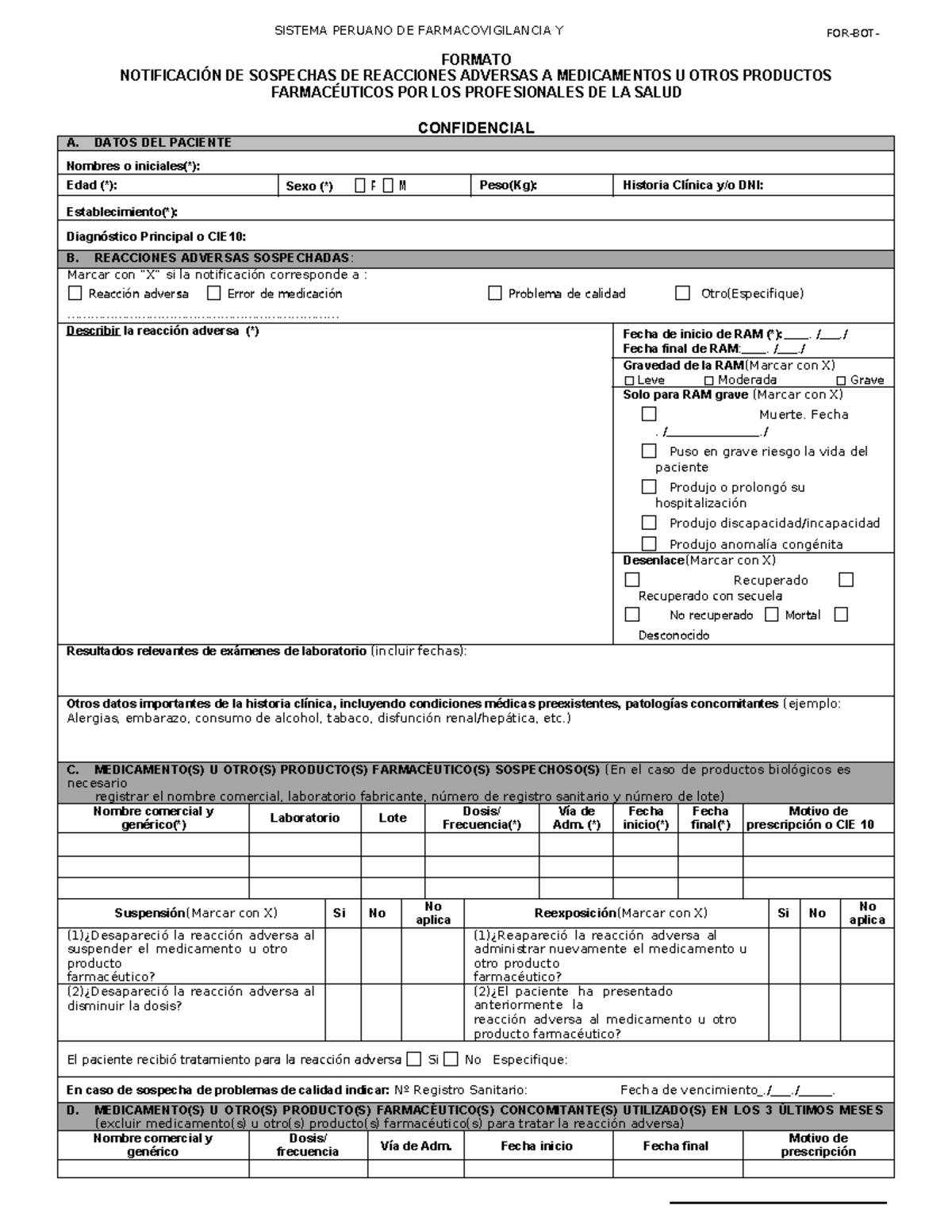 FOR-BOT-011 - Formato de Notificación de Sospechas de Reacciones Adversas a Medicamentos u Otros ...