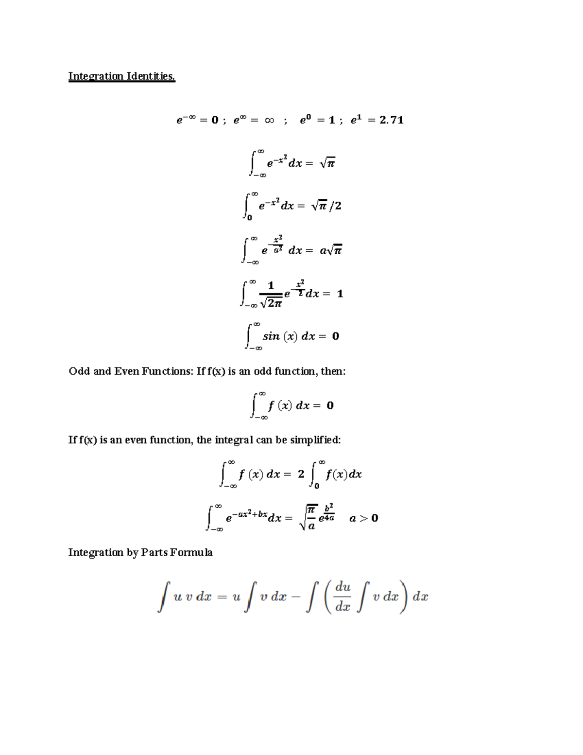 Integration Identities - 𝒆 −∞ = 𝟎 ; 𝒆 ∞ = ∞ ; 𝒆 𝟎 = 𝟏 ; 𝒆 𝟏 = 𝟐. 𝟕𝟏 ∫ 𝒆 ...