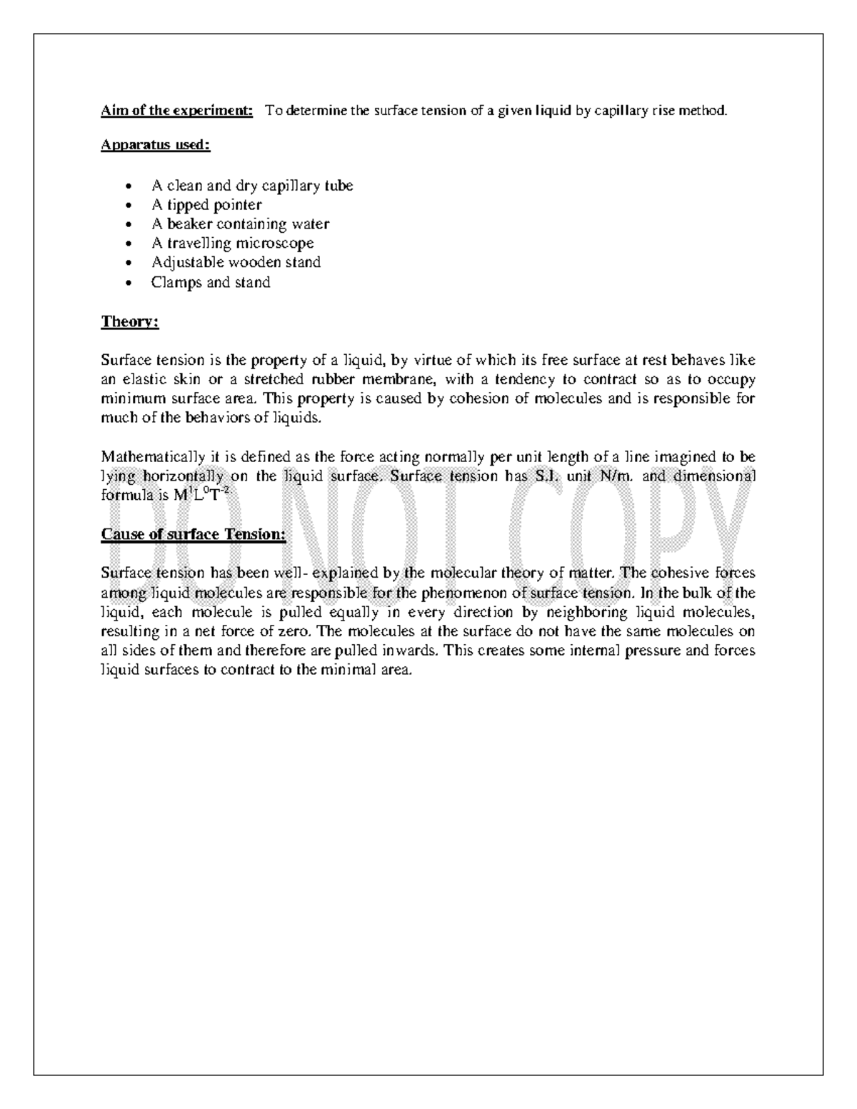 Surface tension - Apparatus used: A clean and dry capillary tube A ...