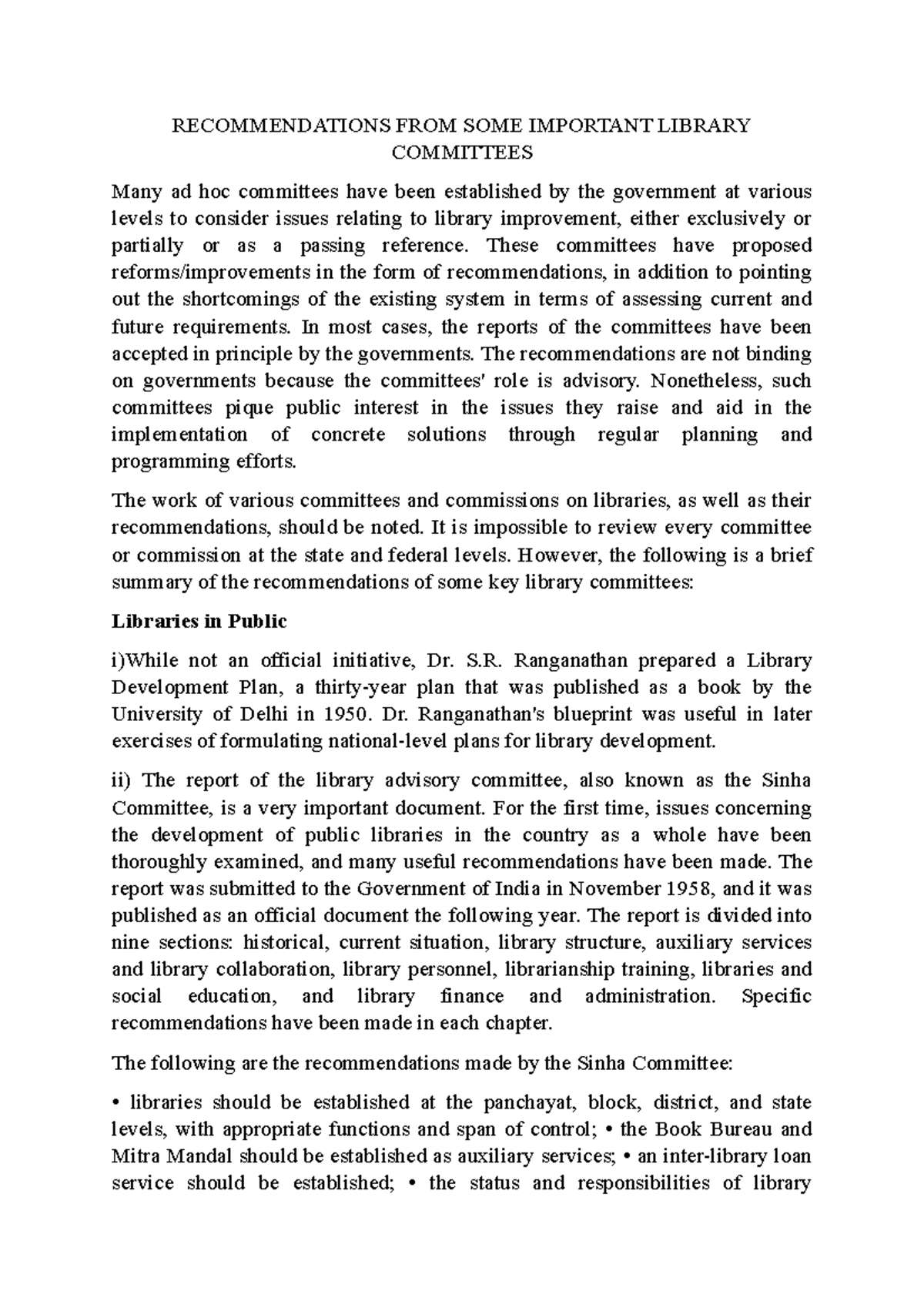 Recommendations FROM SOME Important Library Committees ...