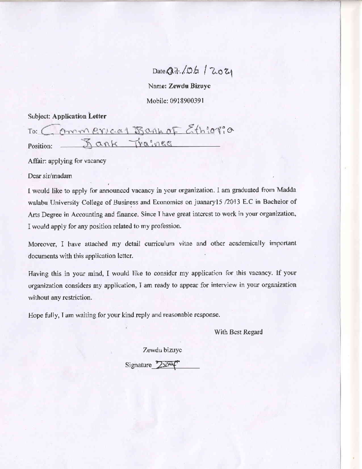 Cv And Application Letter Pate O 6 Ln Name ZewduBizuye Mobile