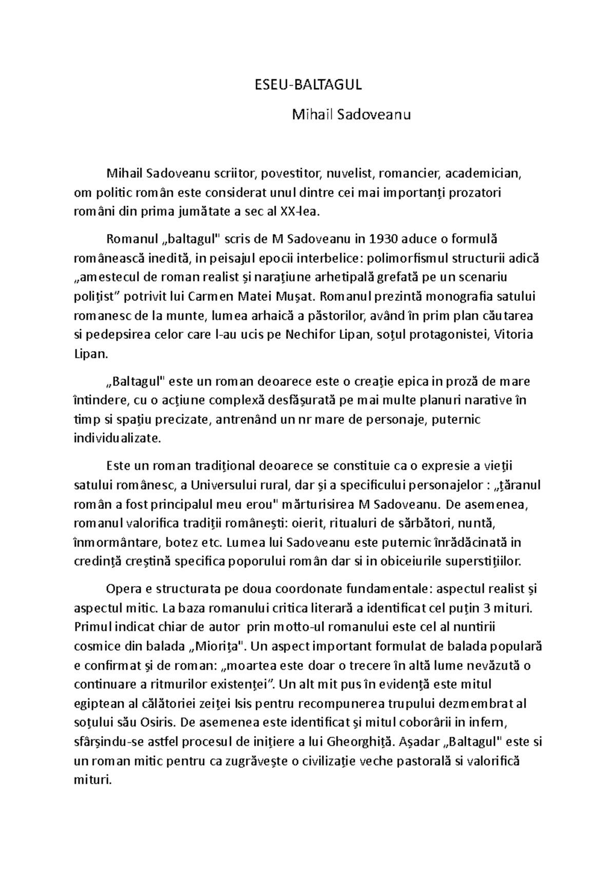 Eseu baltagul - eseu bac - ESEU-BALTAGUL Mihail Sadoveanu Mihail ...