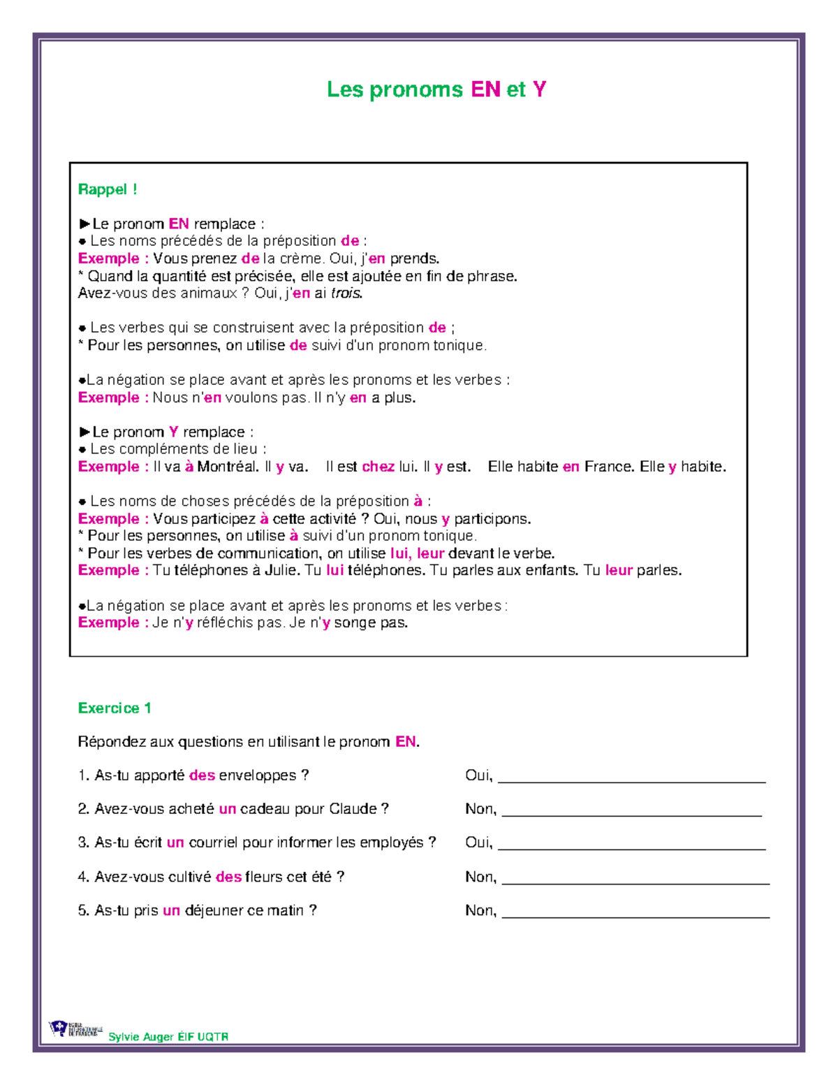 Les pronoms complements EN et Y Exercices et corrige - Les pronoms EN ...