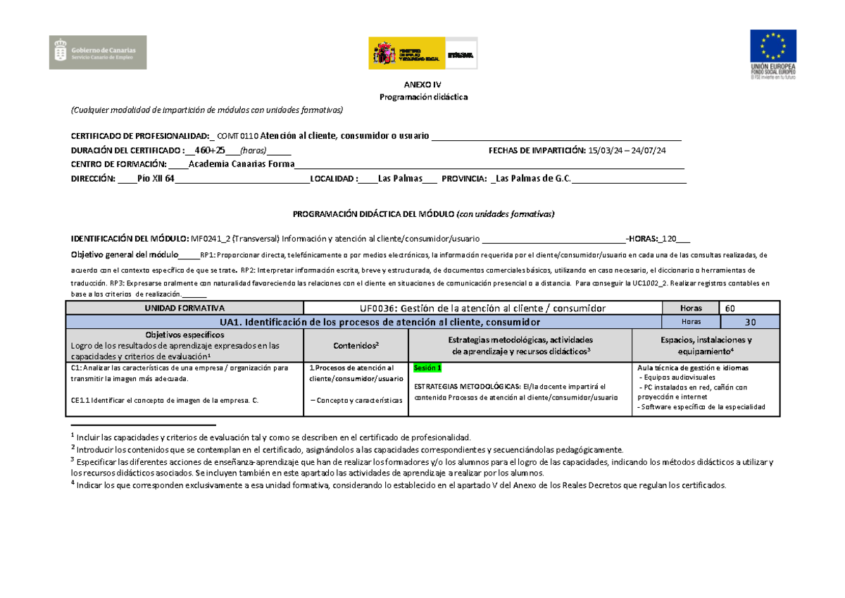 Anexo 4 programacon didactica atención - ANEXO IV Programación didáctica (Cualquier modalidad de ...