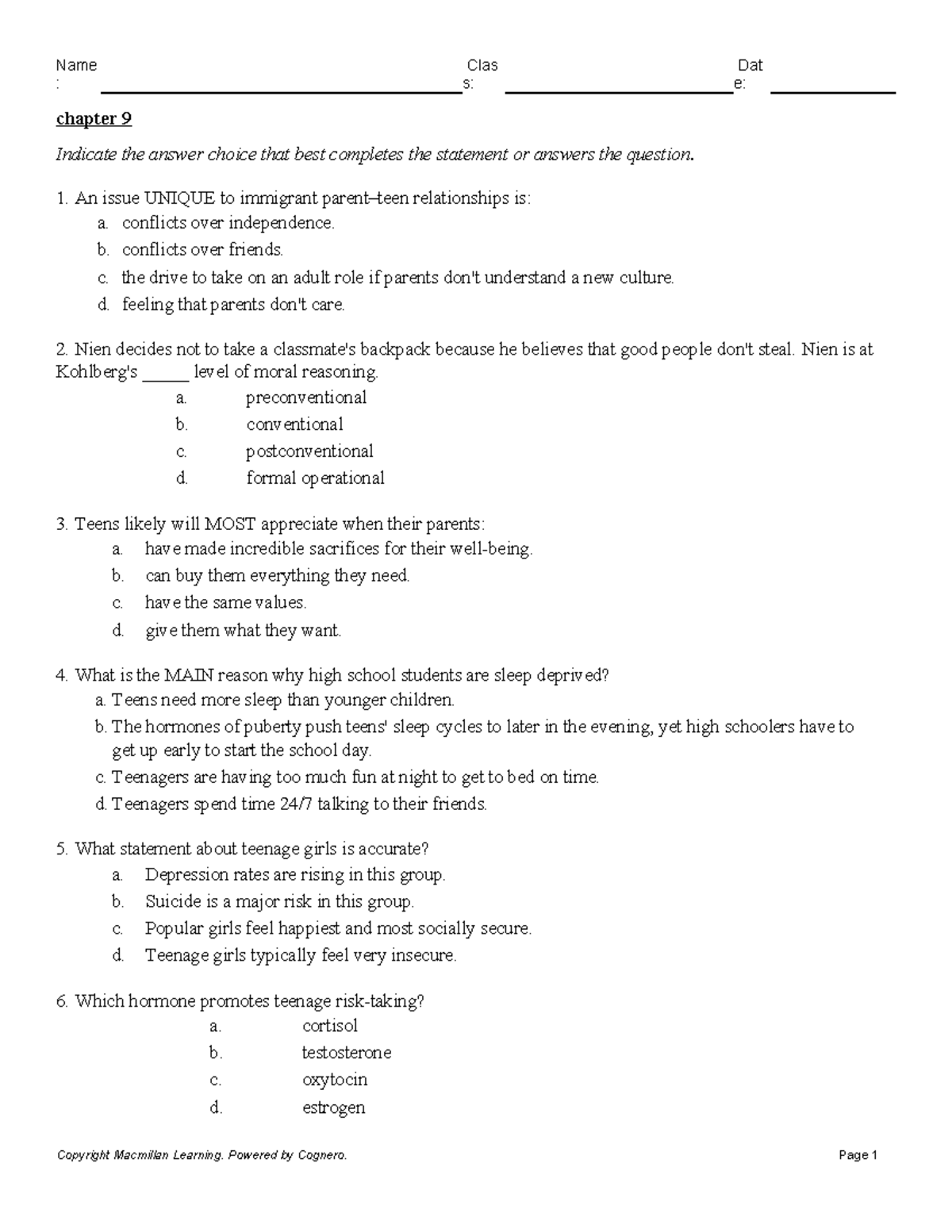 Chapter 9 - study guide - : s: e: chapter 9 Indicate the answer choice ...