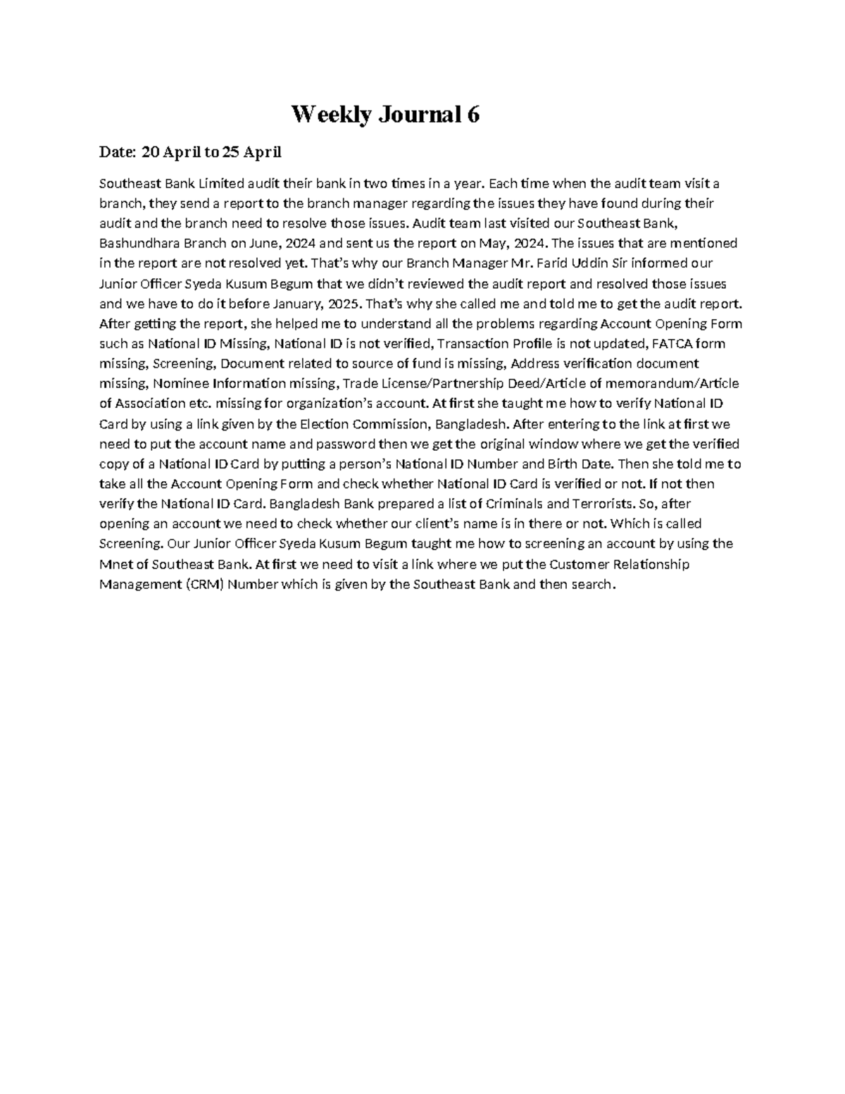 Weekly Journal 6 - mandatory assignment - Weekly Journal 6 Date: 20 ...