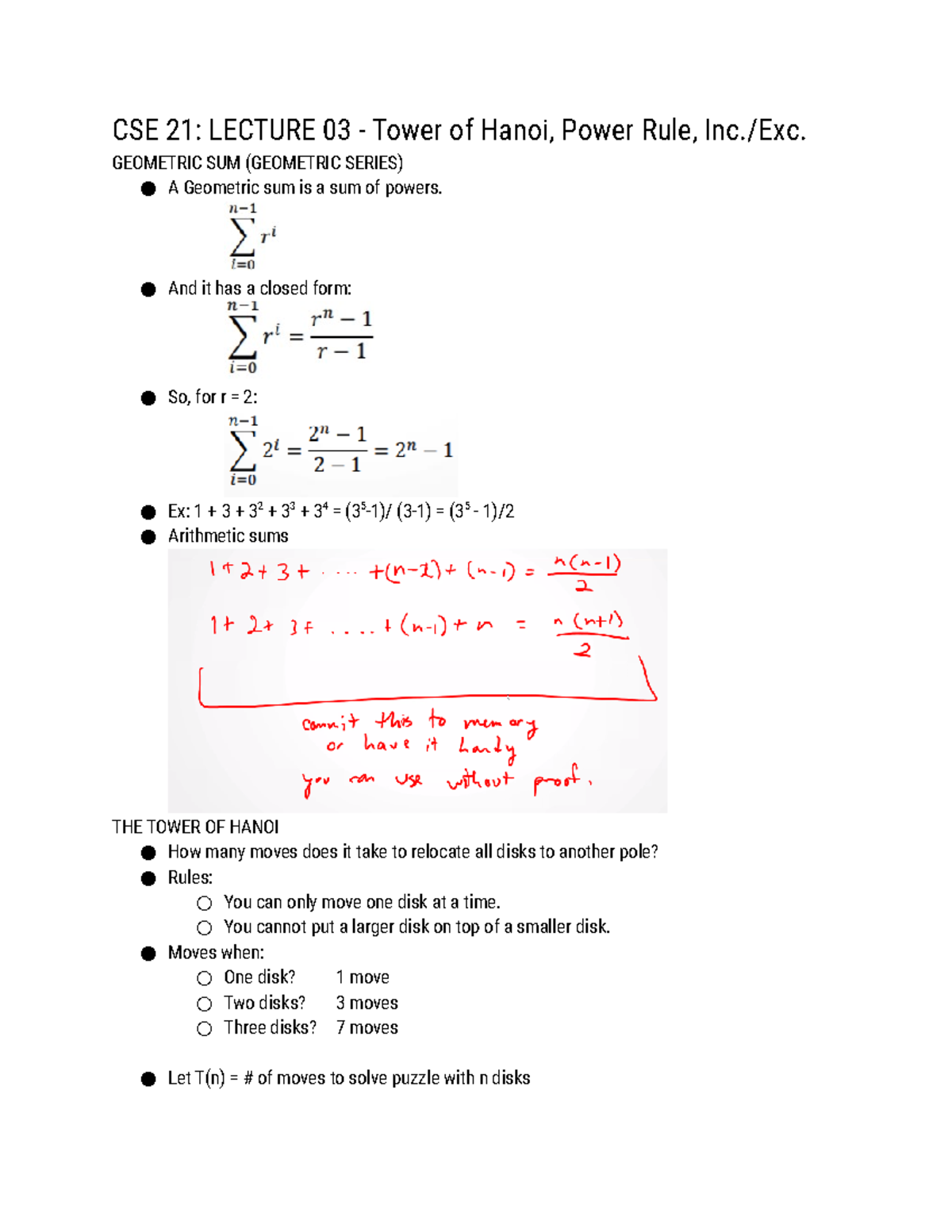 CSE 21 Lecture 03 - CSE 21: LECTURE 03 - Tower of Hanoi, Power Rule, Inc./Exc. GEOMETRIC SUM ...