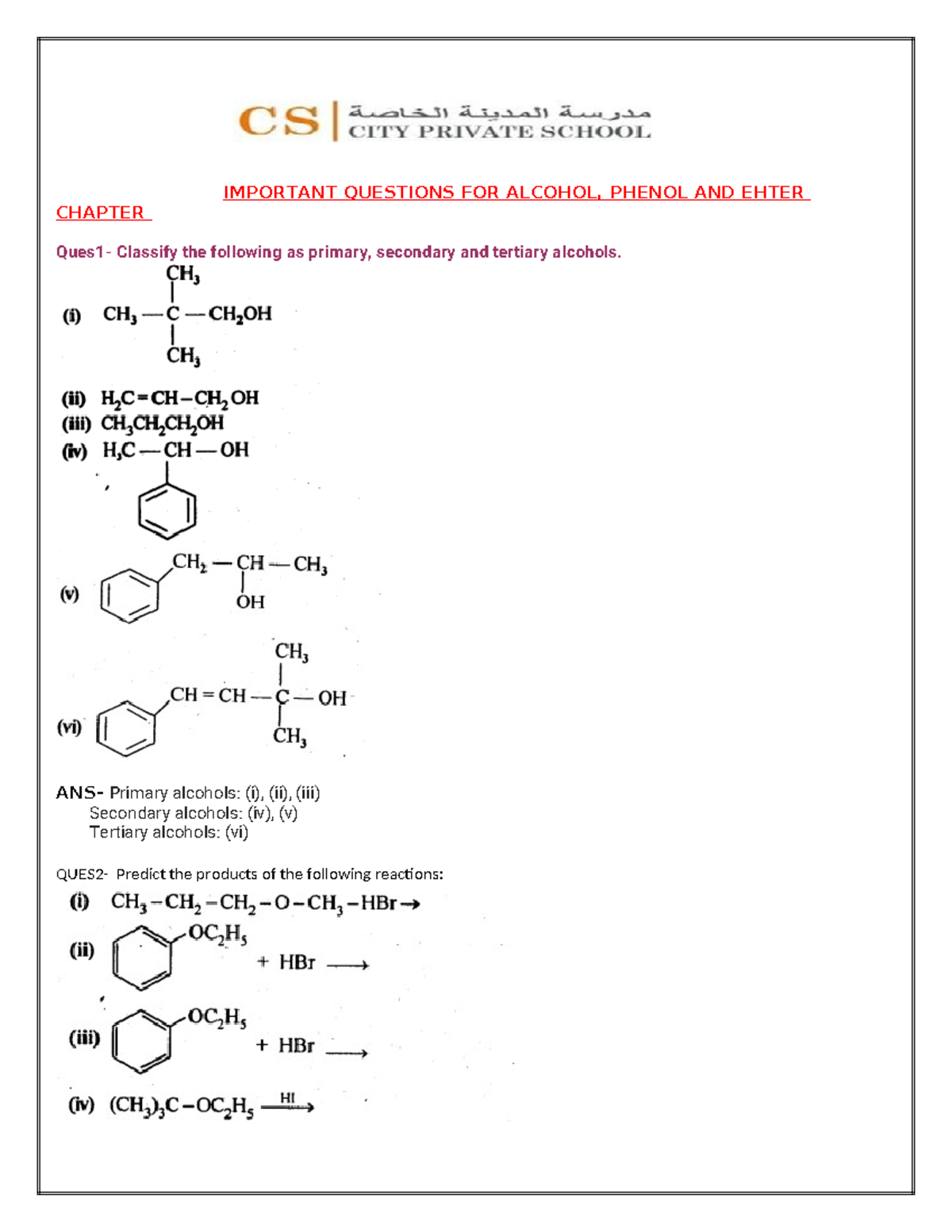 Important Questions FOR Alcohol , Phenol AND Ether - IMPORTANT ...