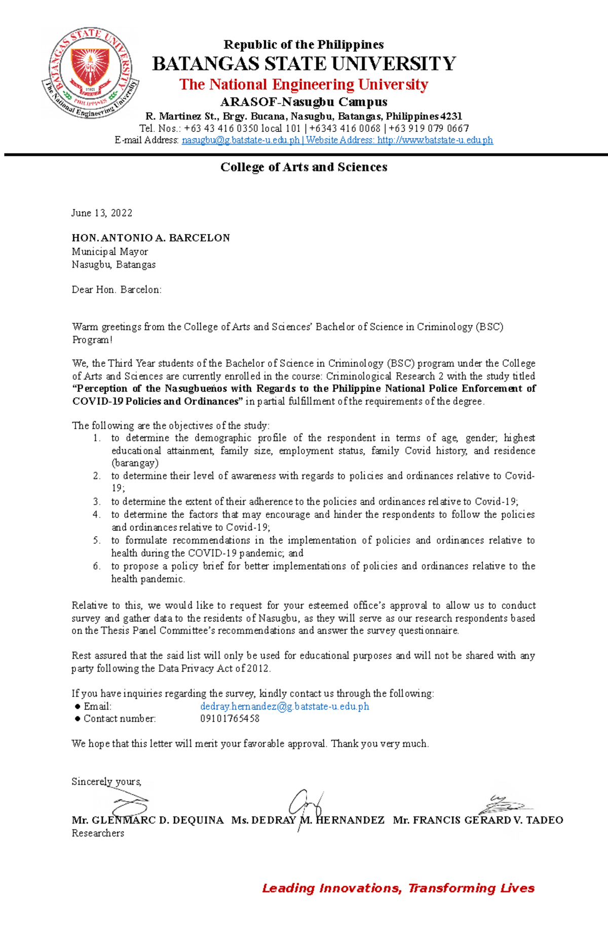 Letter for data gathering (DSWD) - Republic of the Philippines BATANGAS ...