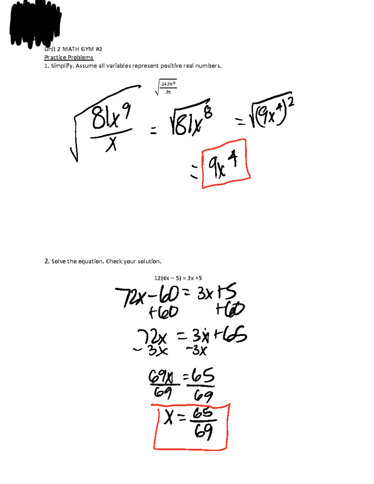 Test+2+Gym+2 - This is homework - Unit 2 MATH GYM # Practice Problems ...