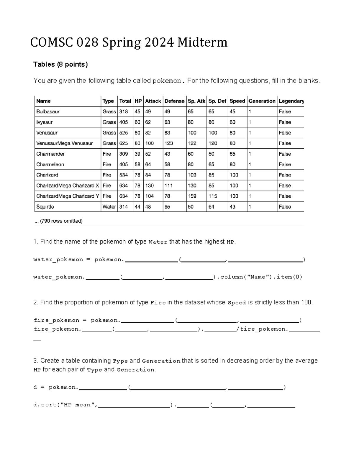 Comsc 028 Midterm - COMSC 028 Spring 2024 Midterm Tables (8 points) You are given the following ...