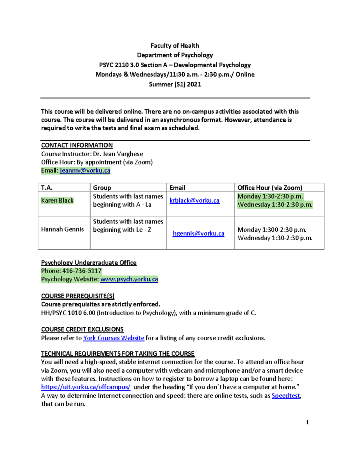 PSYC 2110 A S2021 Course Outline - Faculty of Health Department of Psychology PSYC 2110 3 ...