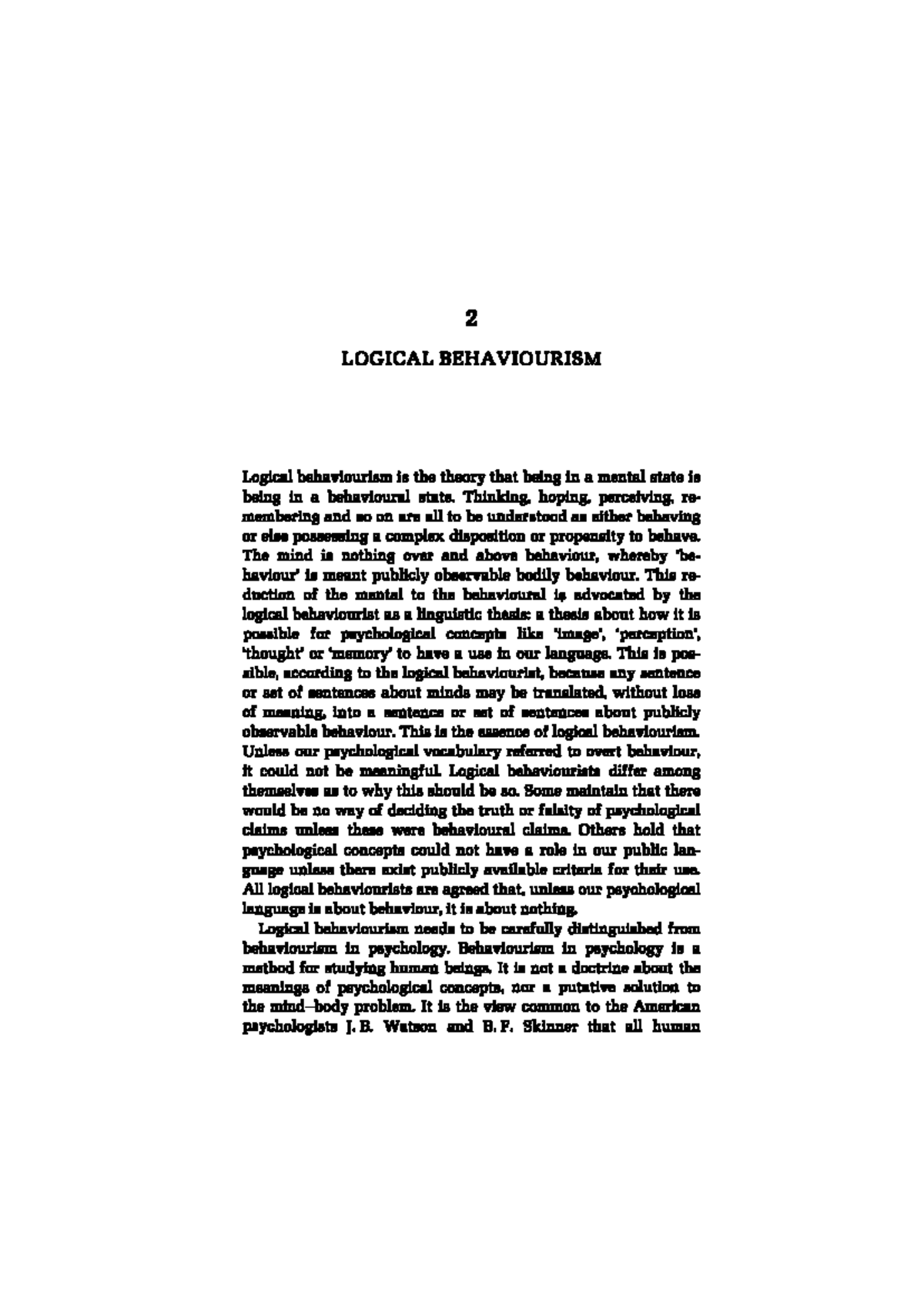 Priest on Behaviourism - 2 LOGICAL BEHAVIOURISM Logical behaviourism is ...