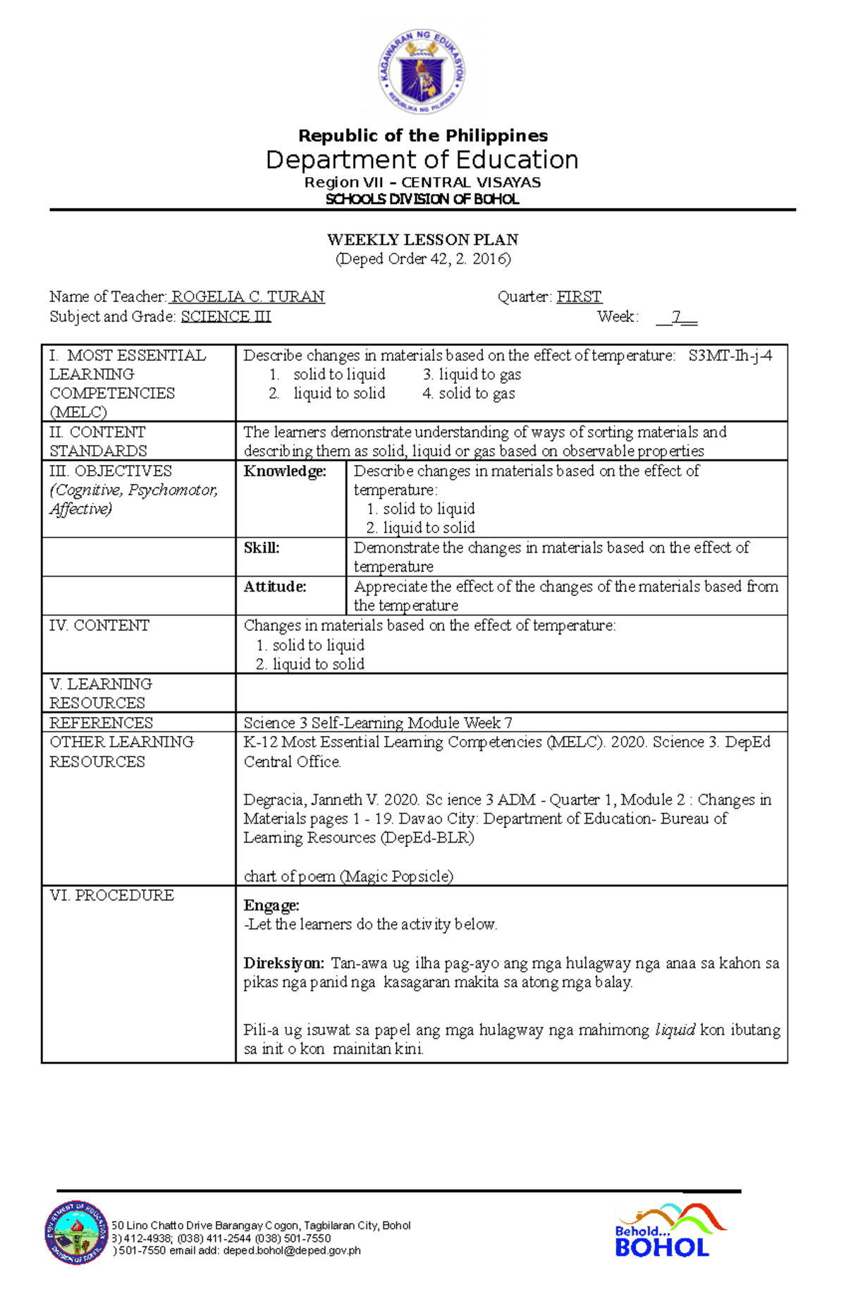 Science 3 Q1 Week 7 WLP - answer - Republic of the Philippines ...