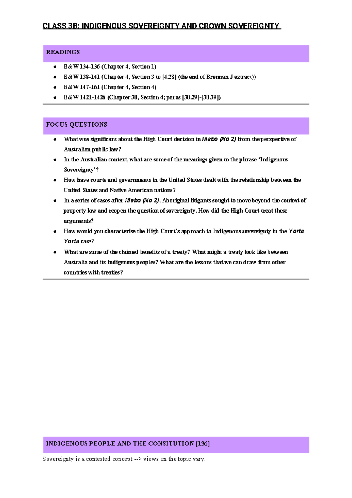 3B Indigenous Sovereignty AND Crown Sovereignty - READINGS B&W 134-136 ...