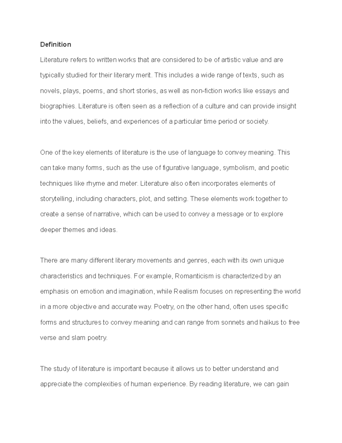 Intro to literature course outline introduction, literary elements ...