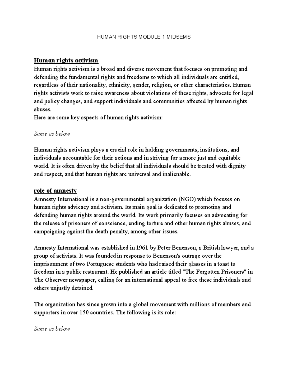 HR Module 1 SEM 3 - HUMAN RIGHTS MODULE 1 MIDSEMS Human rights activism ...