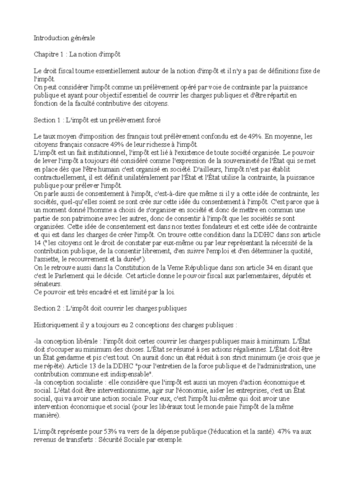 Cours complet droit fiscal - Introduction générale Chapitre 1 : La notion d'impôt Le droit ...