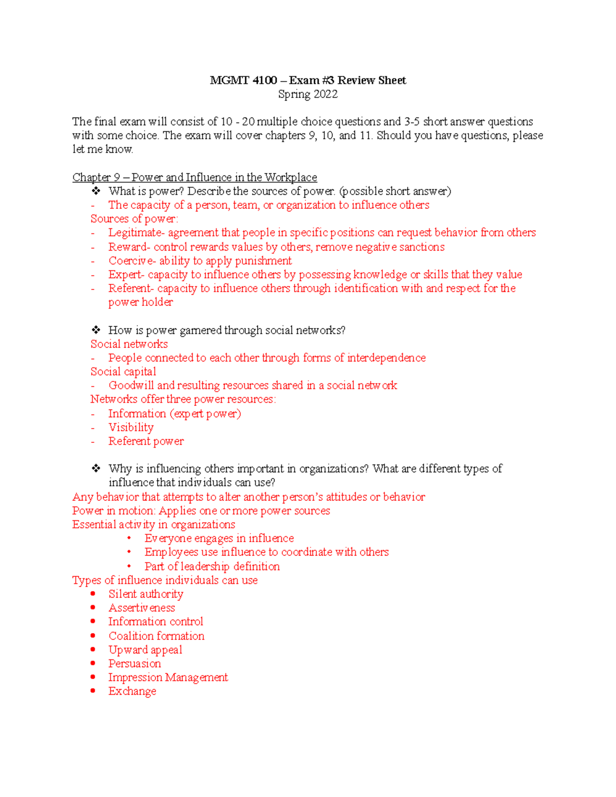 MGMT 4100 Review Sheet - Exam #3 - MGMT 4100 – Exam #3 Review Sheet ...