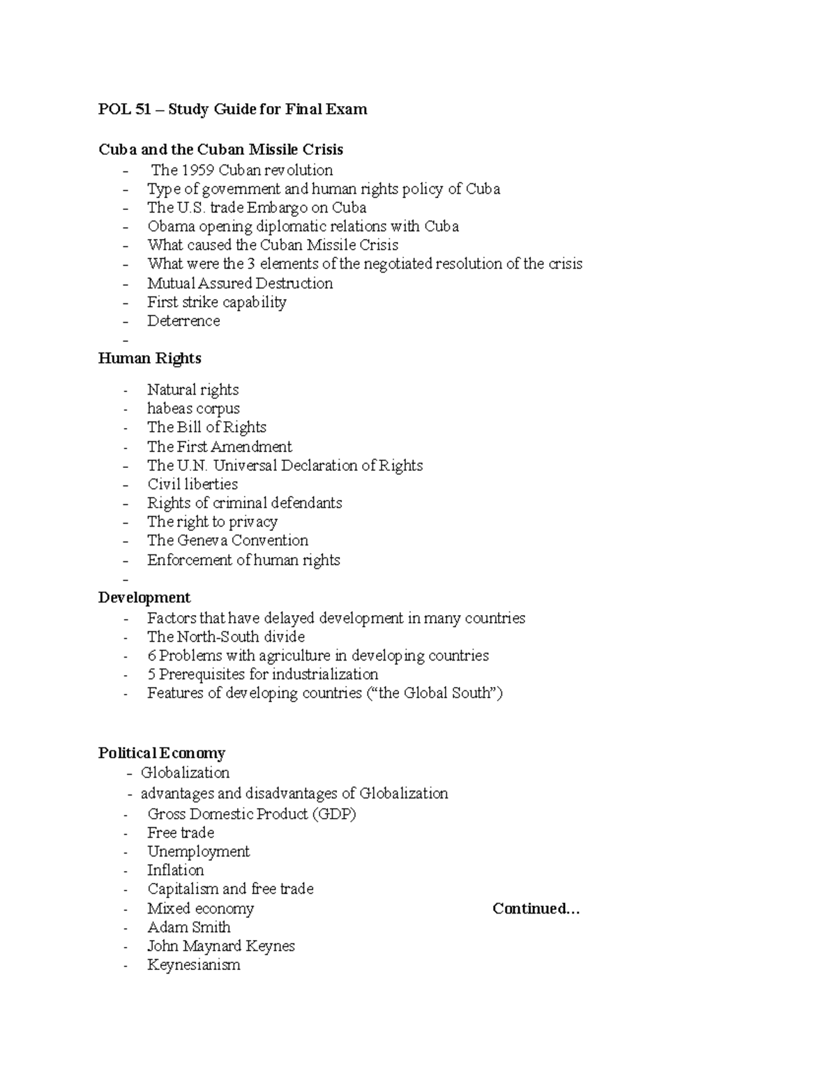 POL 51 Study Guide for Final Exam - POL 51 – Study Guide for Final Exam Cuba and the Cuban ...