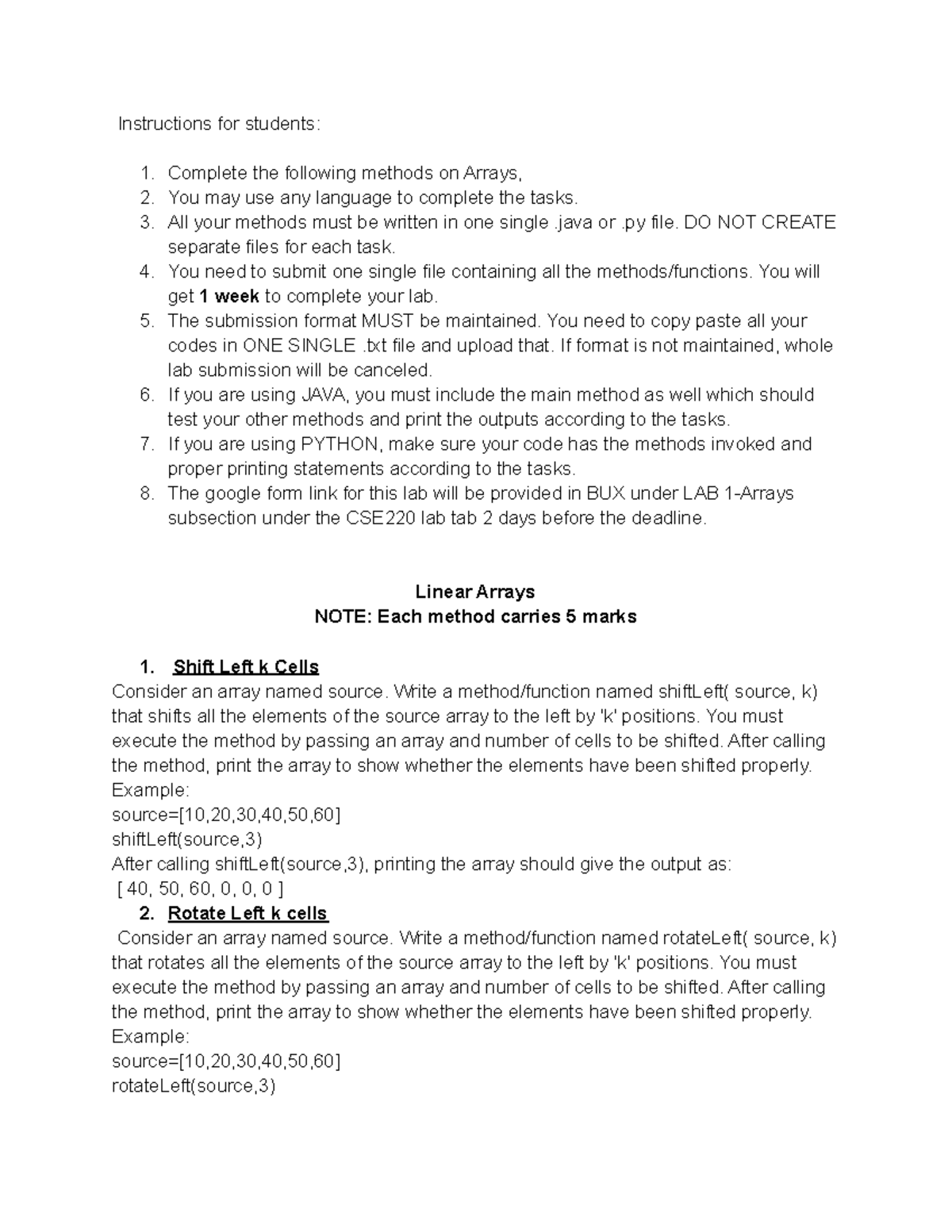 CSE220 Lab 01 - Arrays (Fall 2022) - Instructions for students: Complete the following methods ...