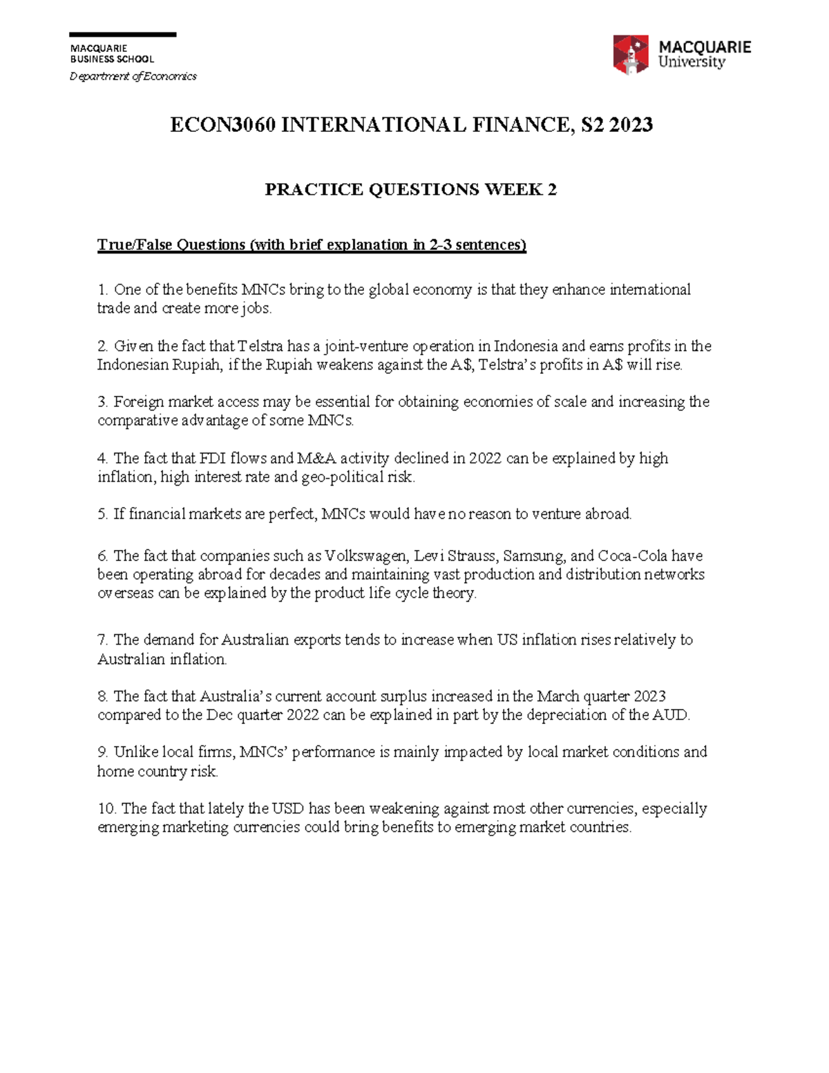 Practice Questions Week 2 - MACQUARIE BUSINESS SCHOOL Department of Economics ECON3060 ...
