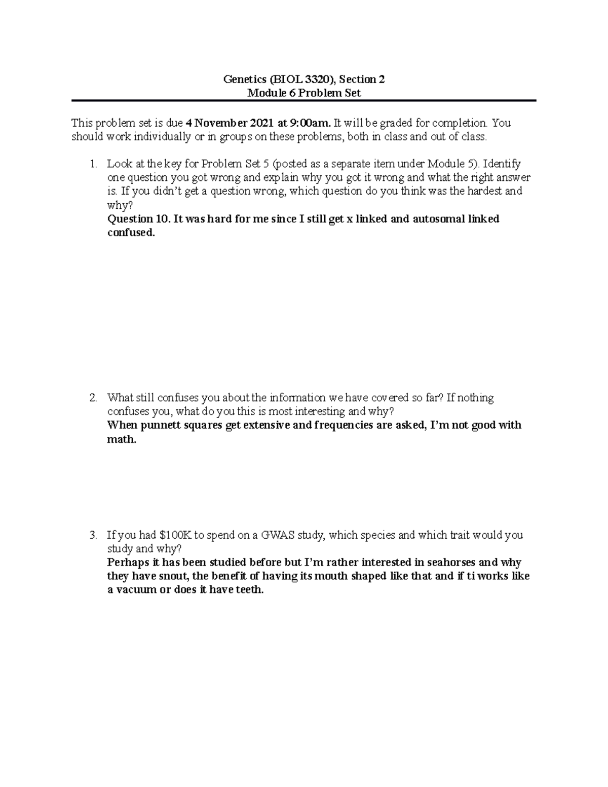 Genetics (BIOL 3320) Section 2 Module 6 Problem Set - Studocu