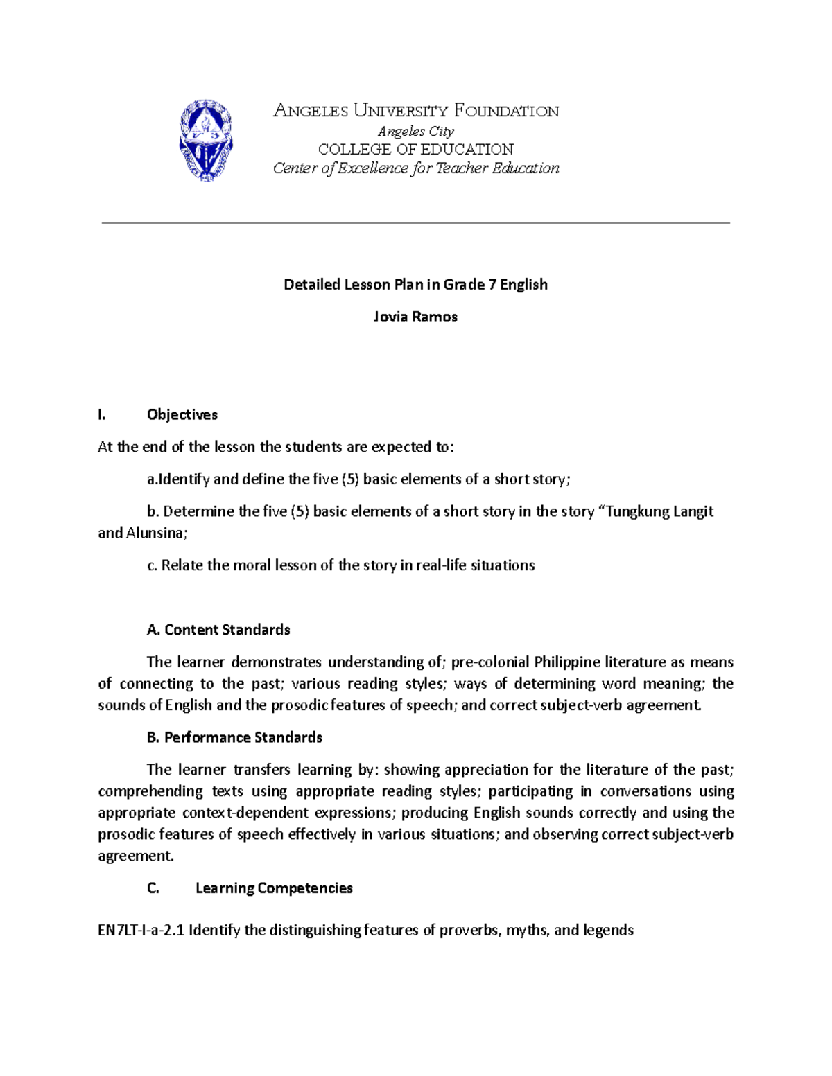 Detailed Lesson plan G7 - ANGELES UNIVERSITY FOUNDATION Angeles City ...