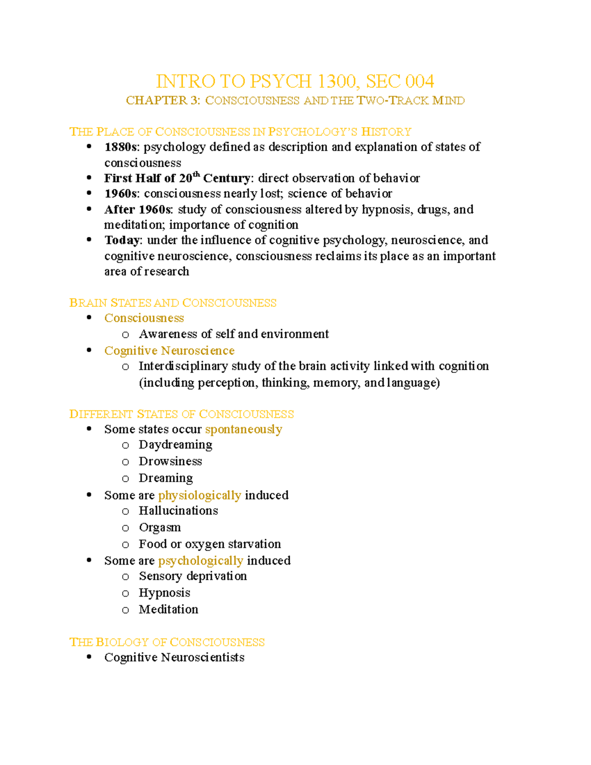 Psych notes, ch. 3 - consciousness and the two-track mind, Dr. Juan ...