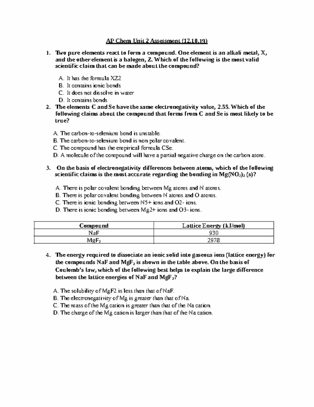 AP CHEM unit 2 test mcq test blank - AP Chem Unit 2Assessment (12.10 ...