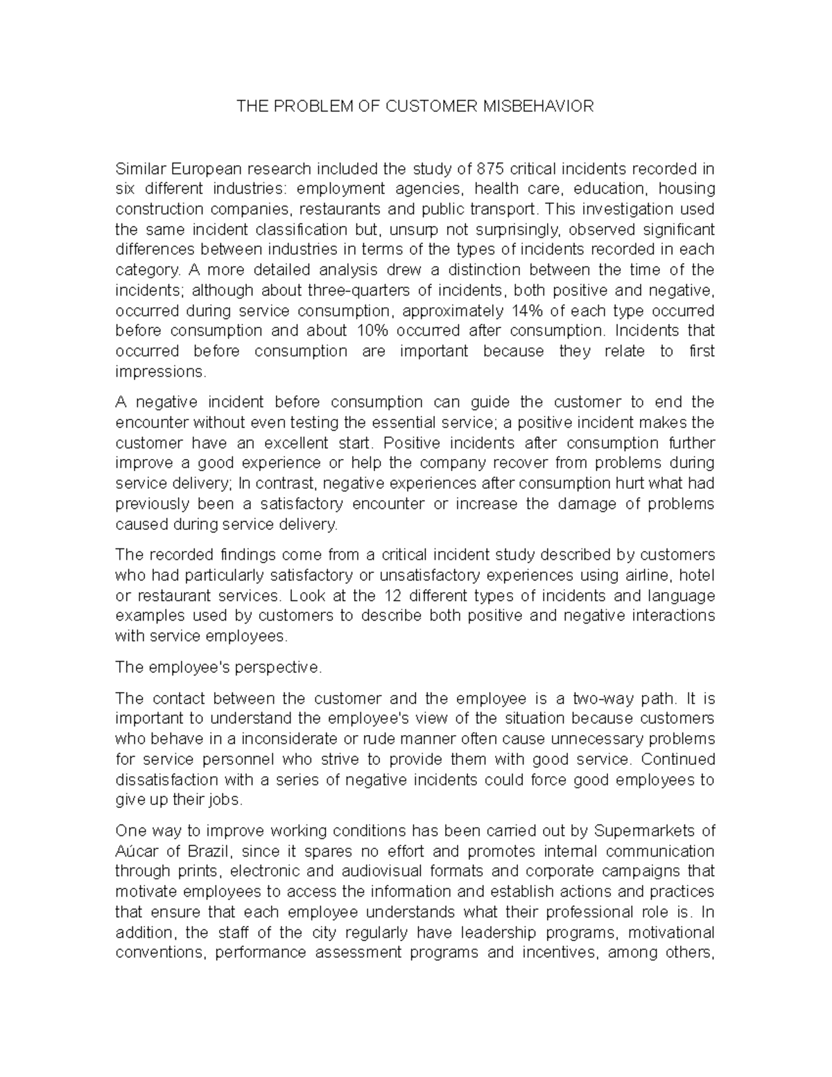 THE PROBLEM OF CUSTOMER BEHAVIOR - THE PROBLEM OF CUSTOMER MISBEHAVIOR ...