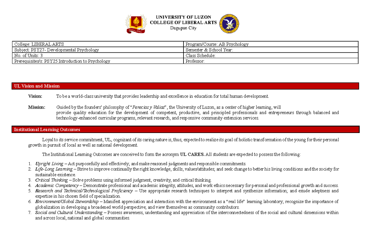 PSY27 Developmental Psychology Syllabus 2024-2025 - UNIVERSITY OF LUZON ...