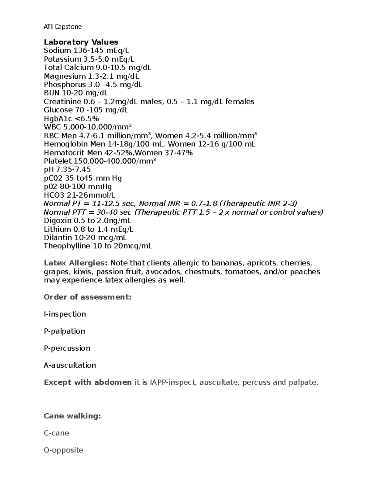 ATI Capstone - notes - Laboratory Values Sodium 136-145 mEq/L Potassium ...