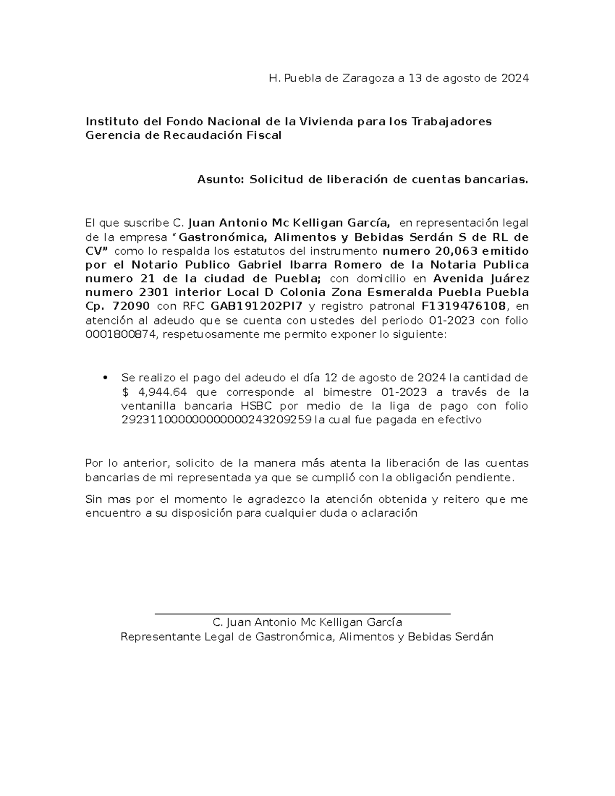 Carta Infonavit - H. Puebla de Zaragoza a 13 de agosto de 2024 ...