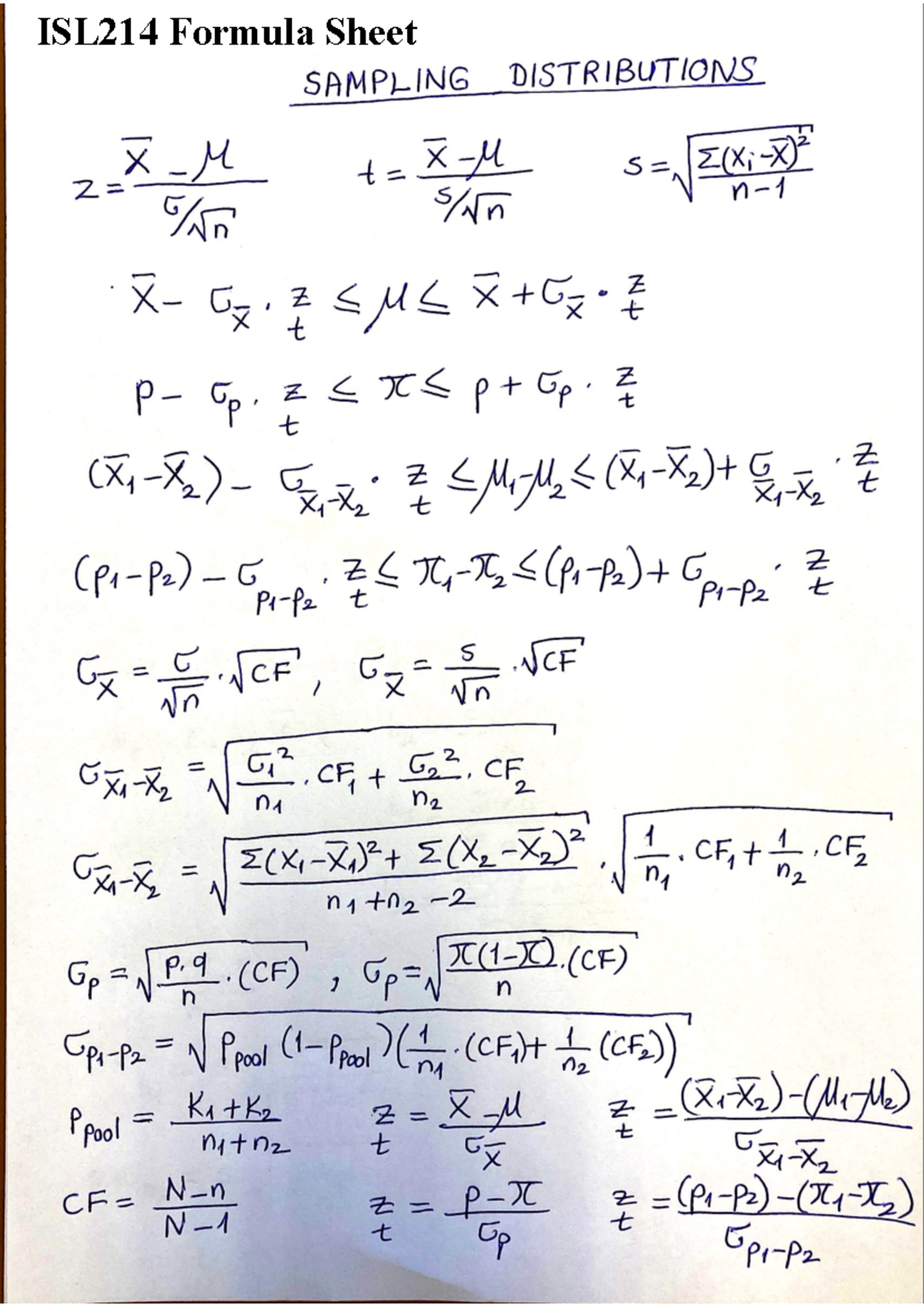 ISL214E Formula Sheet - Statistics - t Distribution: Critical Values of ...