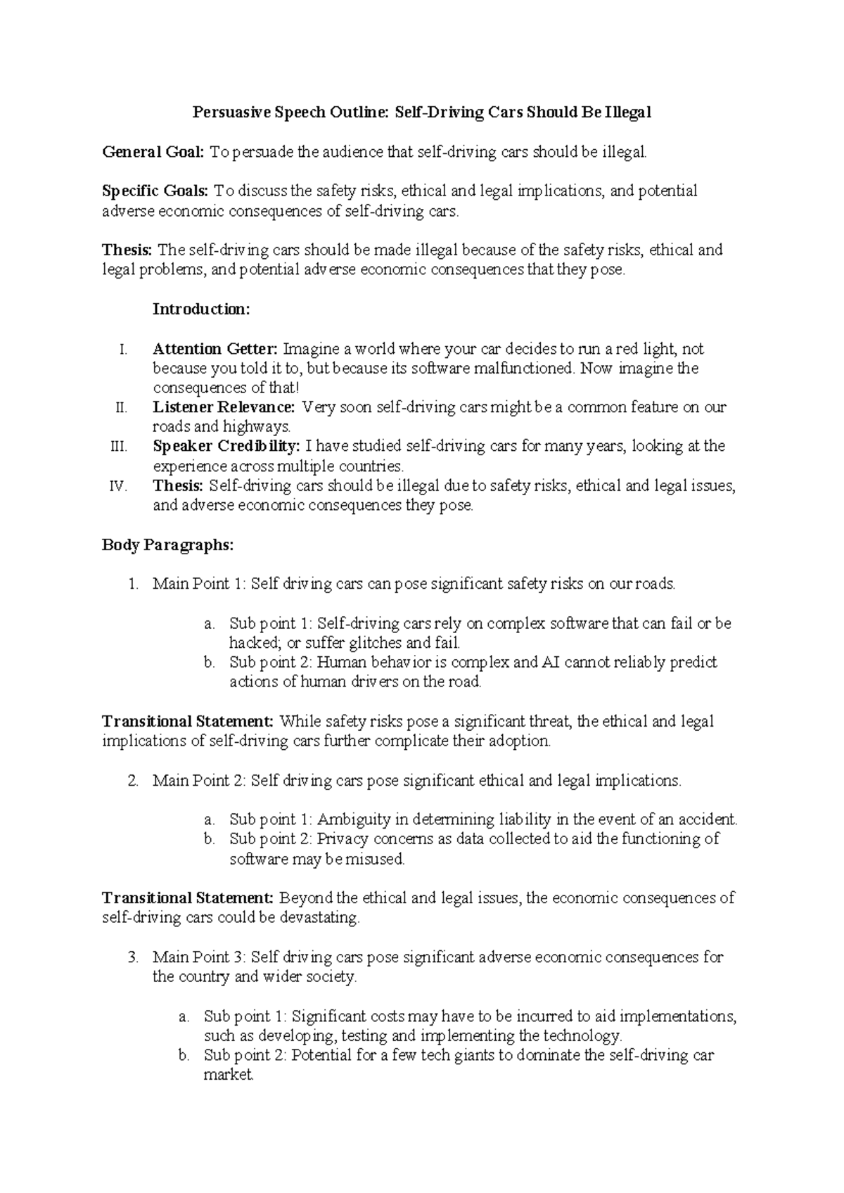 1 page persuasive speech outline - Persuasive Speech Outline: Self ...