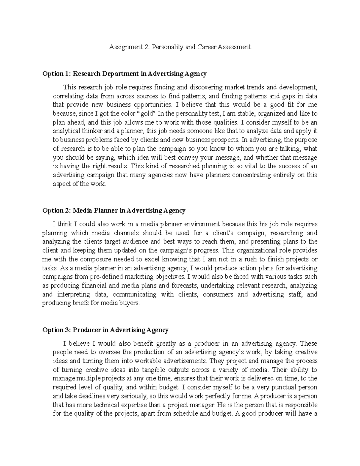 Assignment 2 copy - Assignment 2: Personality and Career Assessment ...