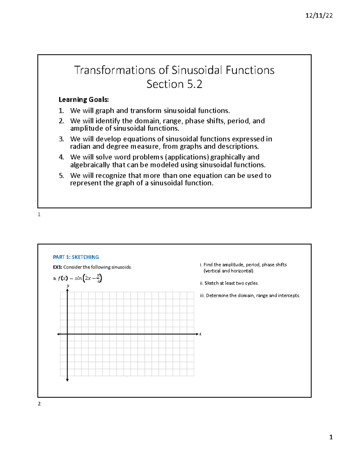 Sinusoidal Functions Transformations Of Sinusoidal Functions Section 5 Learning Goals 1 We