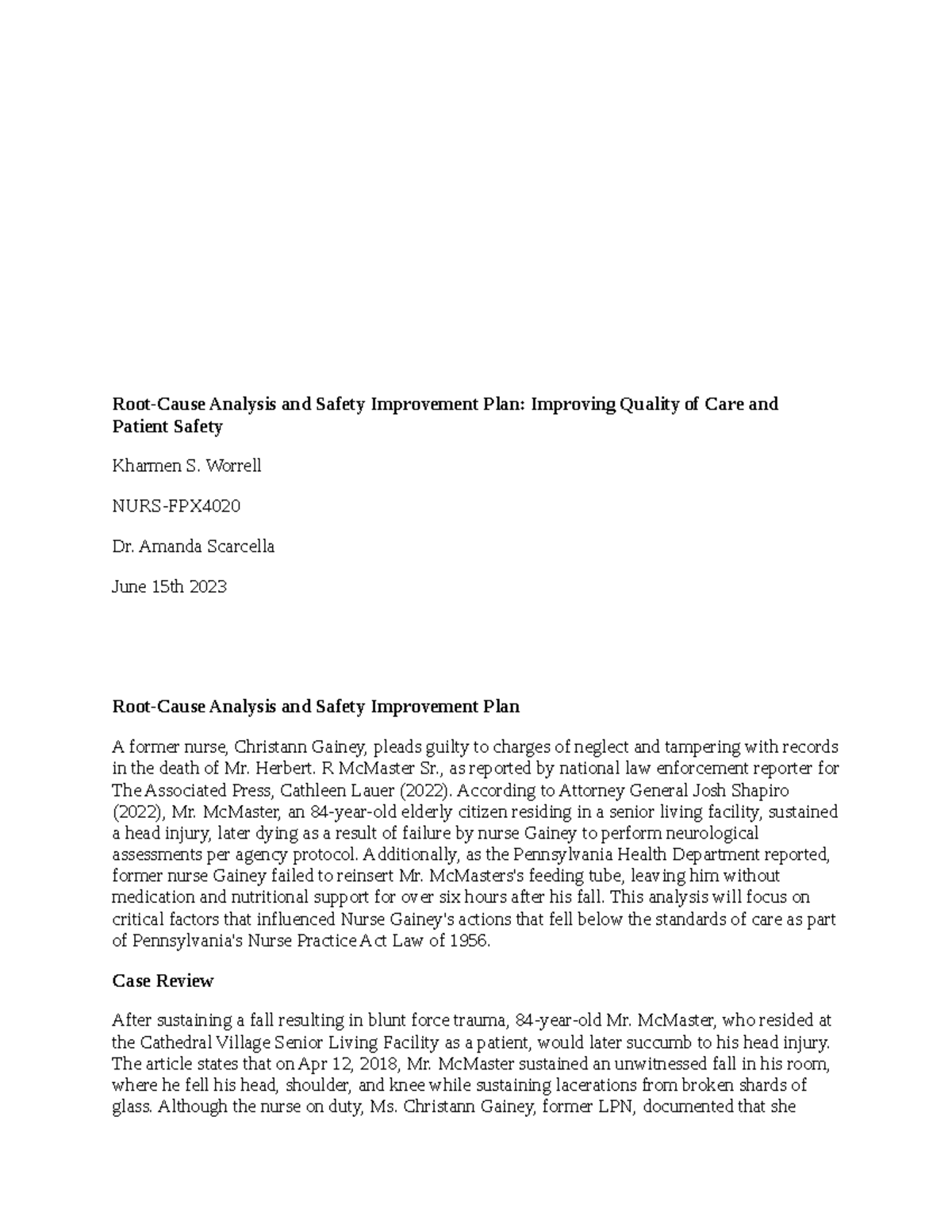 NUR-FPX4020A2 - Draft Essay papers - Root-Cause Analysis and Safety ...