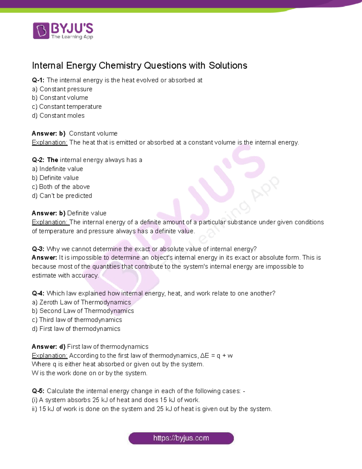 Internal Energy Chemistry Questions with Solutions - Q-2: The internal ...